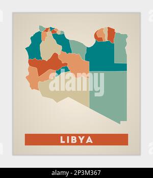 Libya map. Country poster with regions. Old grunge texture. Shape of ...