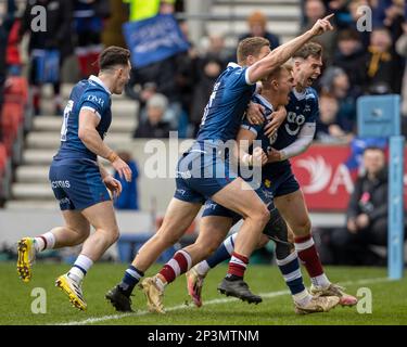 Sale Sharks' Joe Carpenter celebrates scoring their side's third try ...