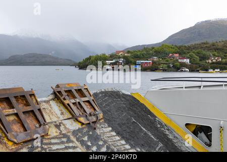 Puerto Edén viewed from a ferry cruising through the fjords of southern ...