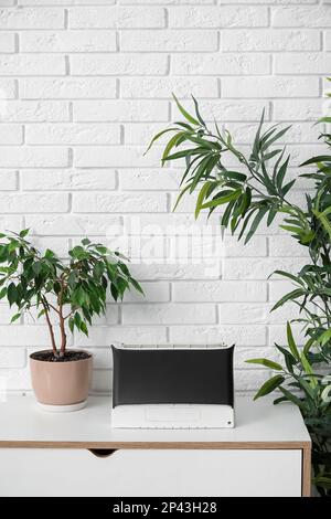 Air purifier and houseplants on chest of drawers near white brick wall ...