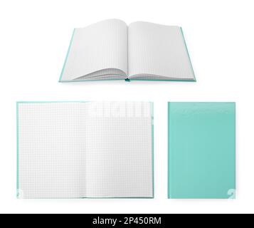 Closed and open planners on white background, top view. Collage Stock ...