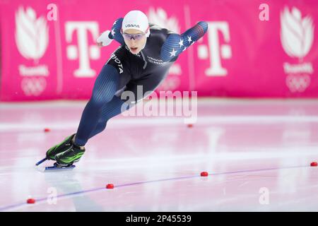 Jordan Stolz of United States competes during men's 1000m of ISU World ...