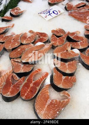Raw salmon fish (Turkish: Somon) on the fish counter Stock Photo - Alamy