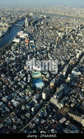 Aerial view of Honjo highschool and sports center in Sumida-City, Tokyo ...