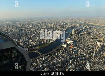 Aerial view of the Sumida river and the Arakawa river in Tokyo, Japan ...