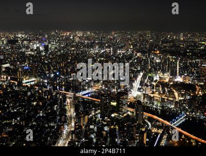 Aerial views of Tokyo at night. Views from the Skytree in Sumida-City ...