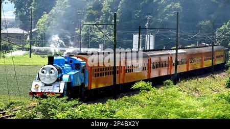 Thomas the Tank Engine runs in the test operation on the Oigawa Line in ...