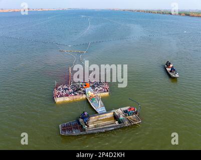 Aerial photo shows fishermen sailing fishing boats in Sanggouwan Marine ...
