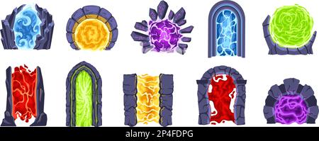 Fairy magic portal cartoon game vector set. Fantasy teleport door to parallel dimension. Wizard ...