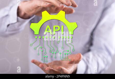 Api concept between hands of a man in background Stock Photo - Alamy