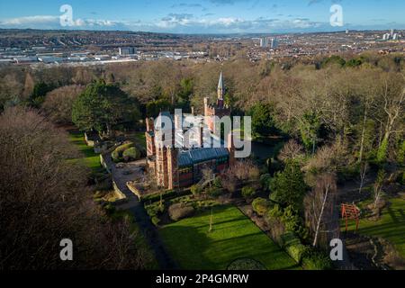 Aerial view of Saltwell Towers, Saltwell Park, Gateshead, Tyne & Wear ...
