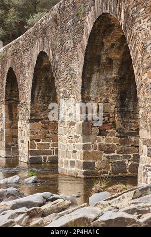 Antique stone bridge in Alagon river. Sotoserrano, Salamanca. Spain ...