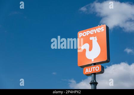 Finestrat, Spain - March 2, 2023: Popeyes logo sign on entrance of ...