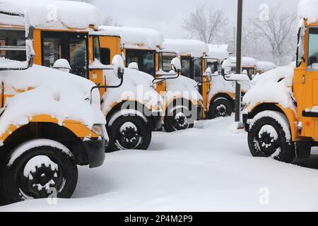 Snow covers school buses after a snowstorm hit the Fredericksburg, Va ...
