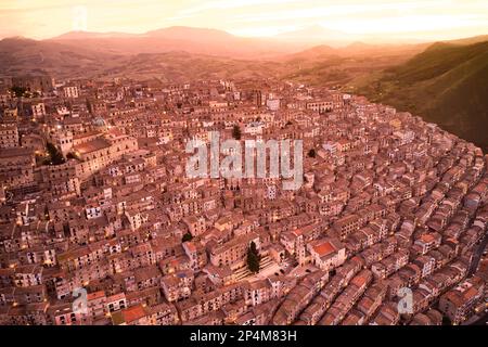 Aerial view of the ancient town of Gangi with its labyrinthic streets ...