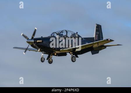 RAF Valley, Holyhead, Wales on March 2 2023. Royal Air Force Texan training aircraft landing ...