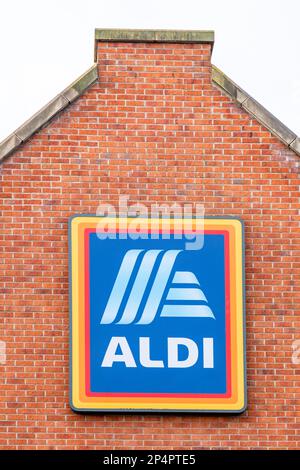 Aldi sign or logo on outside wall UK Stock Photo - Alamy