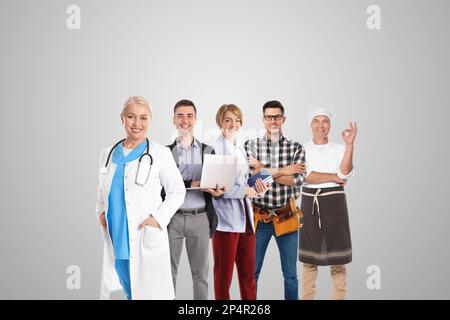 Choosing profession. People of different occupations on light ...