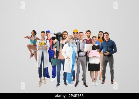 Choosing profession. People of different occupations on light blue ...