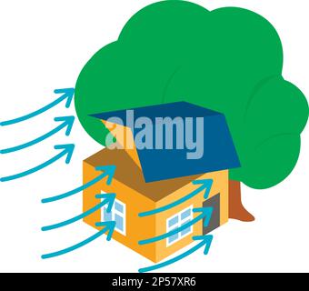 Strong wind icon isometric vector. High wind blows roof of residential ...
