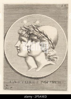 Heads of the Dioscuri, Castor and Pollux. Twin half brothers borne of ...