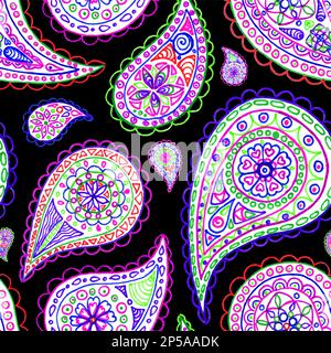 Paisley buta doodle colorful line art seamless pattern vector Stock ...