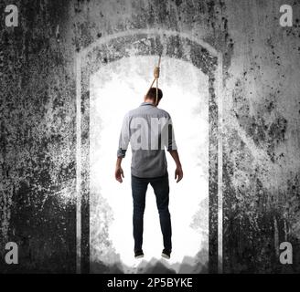 Man with rope noose on neck against white background, back view Stock ...