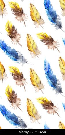 Watercolor blue jay yellow parrot bird feather seamless pattern texture ...
