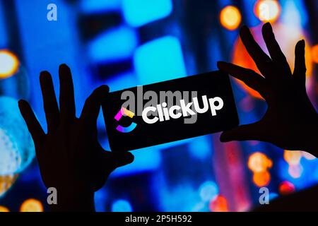 In this photo illustration, a Clickup logo is seen displayed on a ...