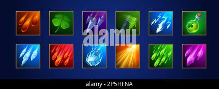 Magic spells and game skills icons. Fantasy light and fire effects ...