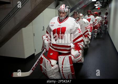 Wisconsin Badgers goalie Alex Rigsby (33) during warmups prior to an ...