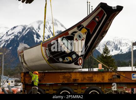 CBC construction worker Patrick O’Brien guides the 50-foot Tlingit war ...