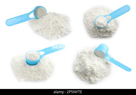 Set with powdered infant formula and scoops on white background, banner ...