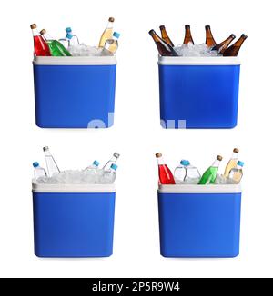 Blue plastic cool boxes with bottles on white background, collage ...