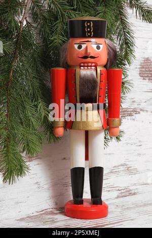 Christmas decoration, fir and spruce twigs, pine cones and baubles, on ...