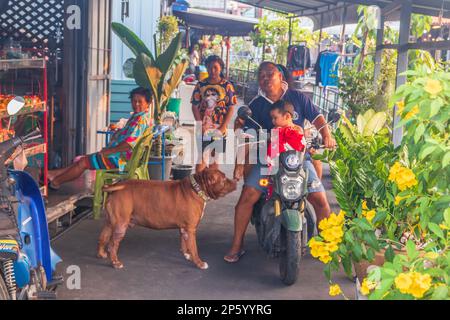 Several Thai people with a dog and a motorbike on a narrow path in a ...