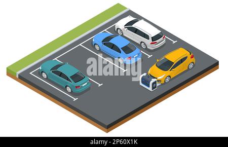 Isometric robot valet parking cars. Outdoor valet parking robot ...
