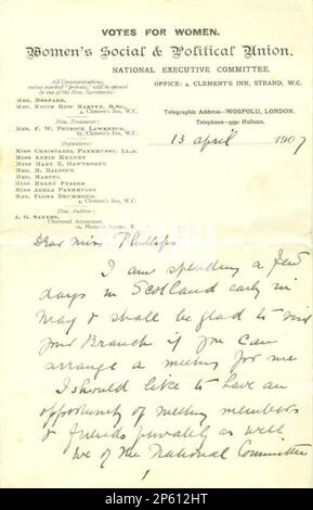 Letter from Emmeline Pankhurst to Caroline Phillips, 19 April 1907 ...