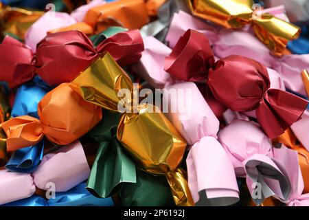 Many candies in colorful wrappers as background, closeup Stock Photo ...