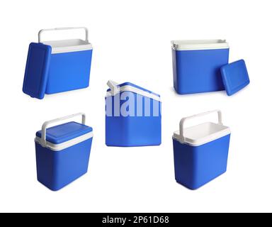 Set with blue plastic cool boxes on white background. Banner design ...