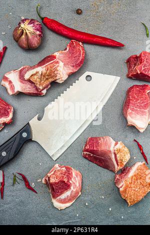 Raw pork shoulder pieces with ground spices. Fresh meat cut, ingredient ...