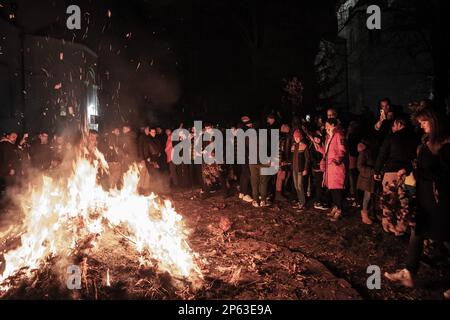 People burning Badnjak on Orthodox christmas night in belgrade, Serbia ...
