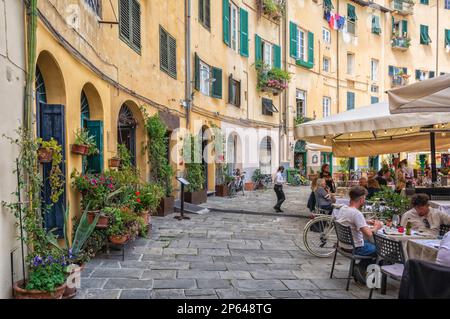 amphiteatre square in the historic center of Lucca town, Tuscany region ...