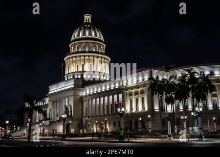 El Capitolio floodlit at night, former Congress building built in 1920s ...