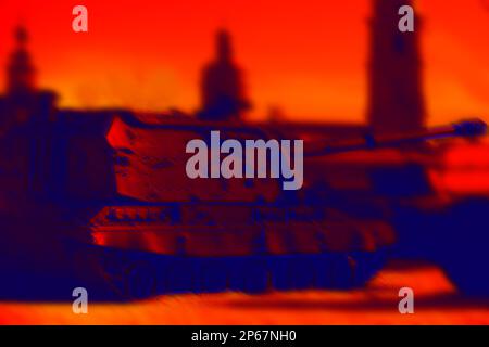 Night fighting Russian military tank. Illustration of thermal image ...
