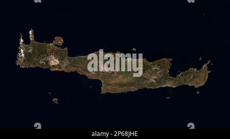 Satellite view of Crete, Greece. Crete is the largest and most populous ...