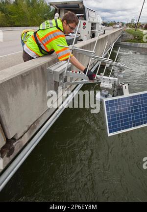 Flood gauge on a road in the Davis Mountains of West Texas Stock Photo ...