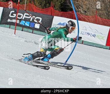 Amanda McDonald (#17) skis around a gate on the slalom course of the US ...