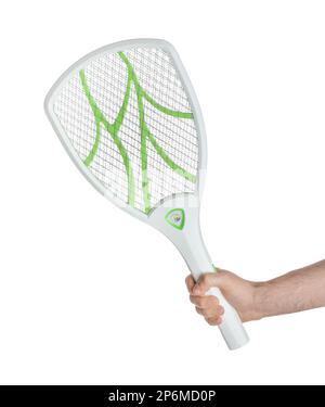 Man with electric fly swatter on white background, closeup. Insect ...