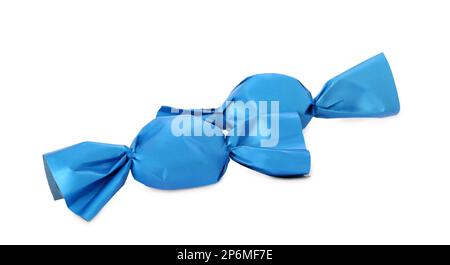 Delicious candies in light blue wrappers isolated on white Stock Photo ...